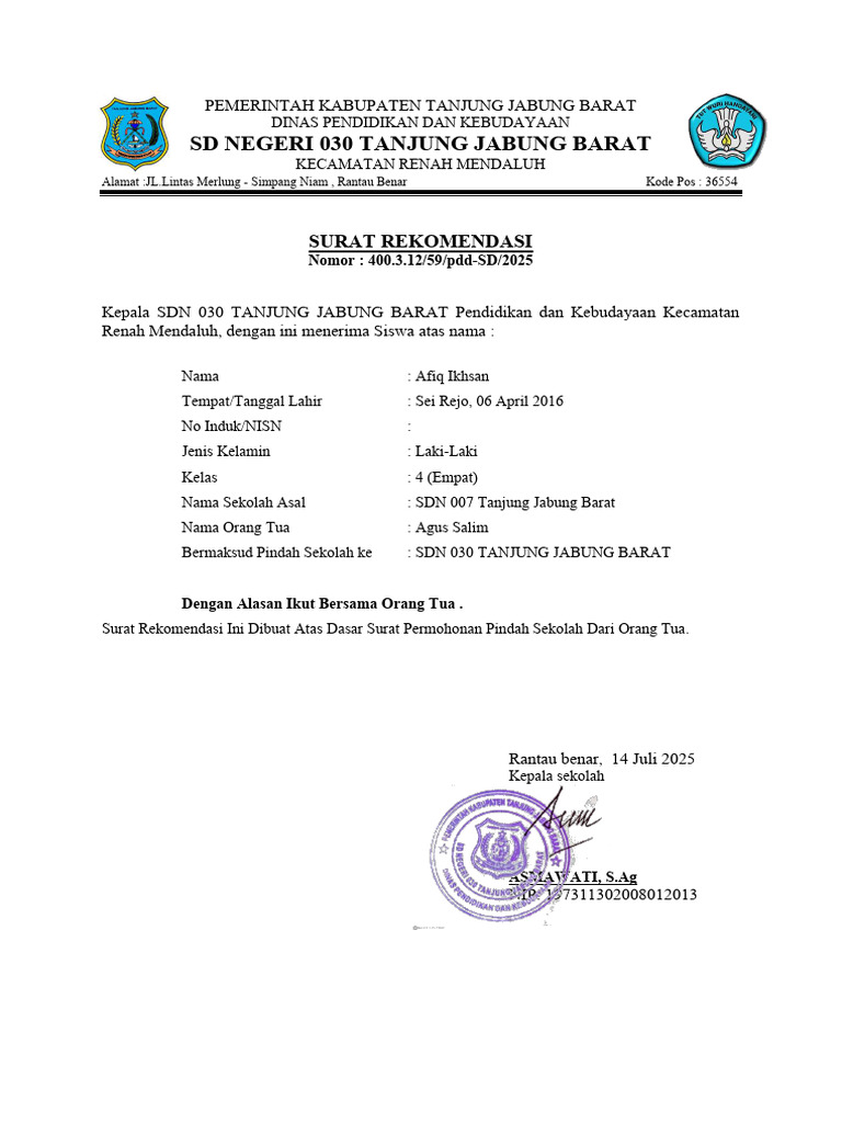 Surat Rekomendasi Afiq | PDF