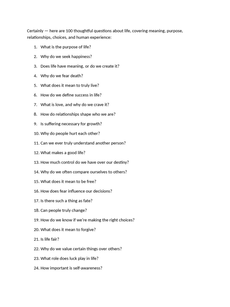 100 Thoughtful Life Questions | PDF | Happiness | Social Psychology