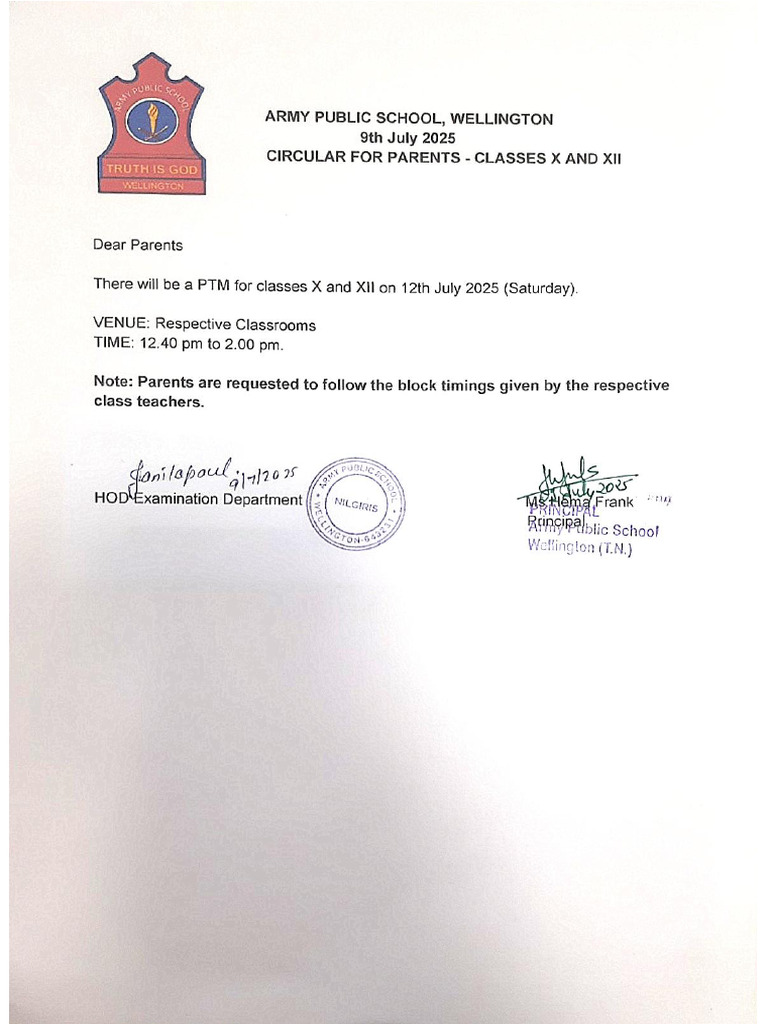 Circular For Parents of Classes X and XII Regarding PTM | PDF