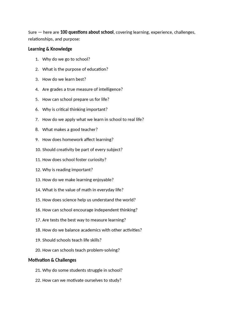 100 Essential School Questions | PDF | Teachers | Schools