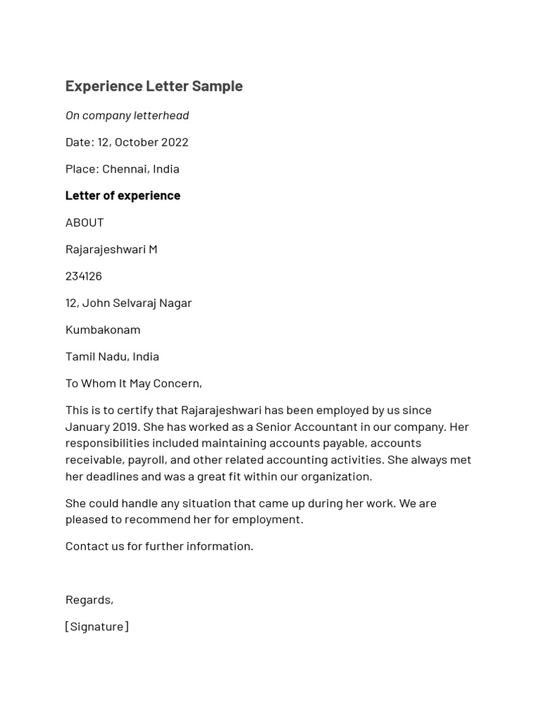Experience Letter Sample PDF E1c41ecc1b | PDF