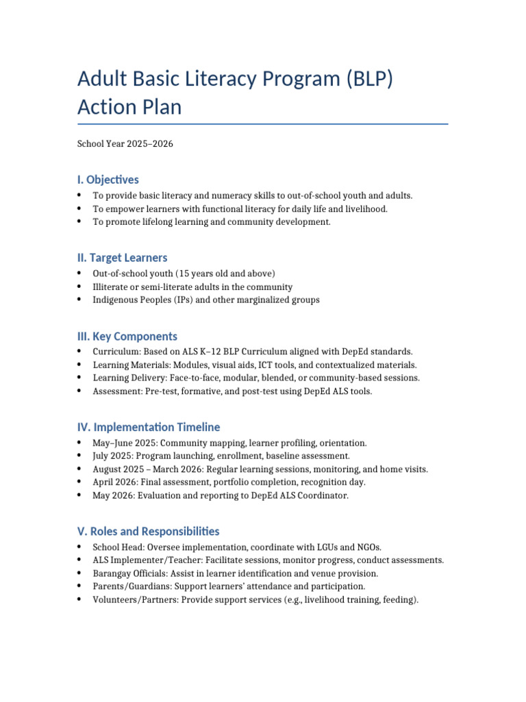 Adult Basic Literacy Program Action Plan 2025 2026 | PDF | Educational ...
