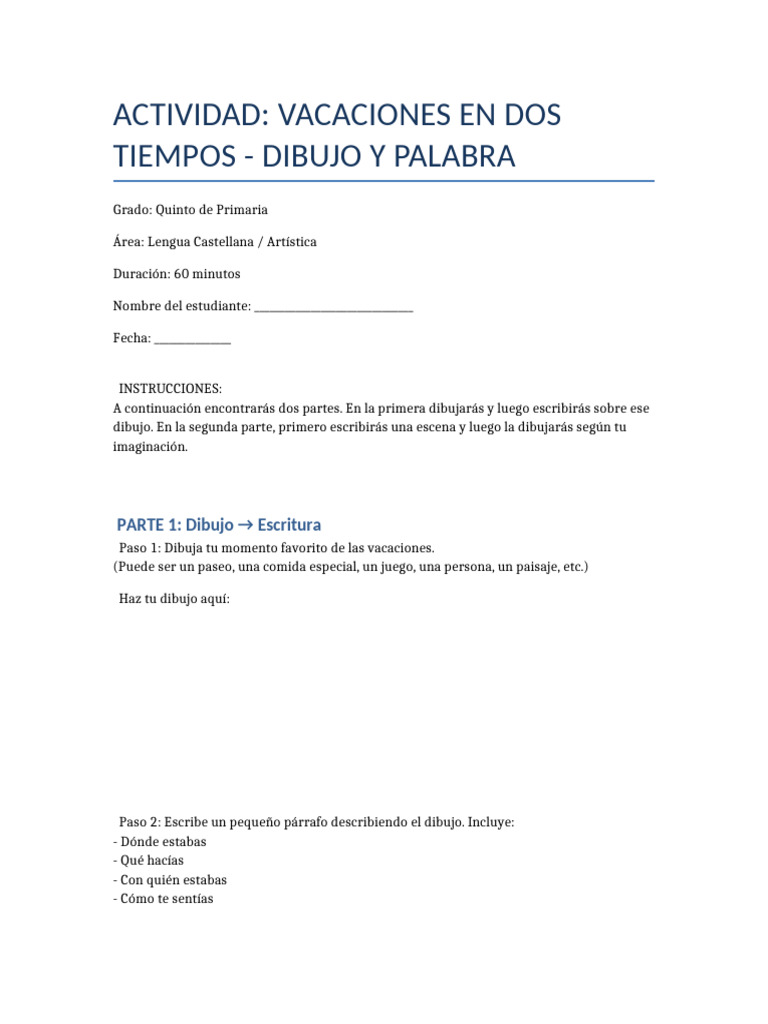 Dibujo y Escritura: Vacaciones 5to Grado | PDF