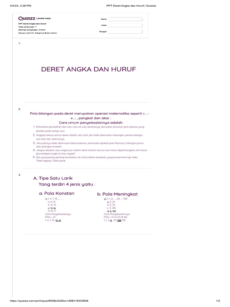 Lanjutkan Deret Angka dan Huruf | PDF