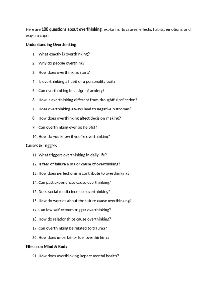 100 Questions About Overthinking | PDF | Anxiety | Mental Health