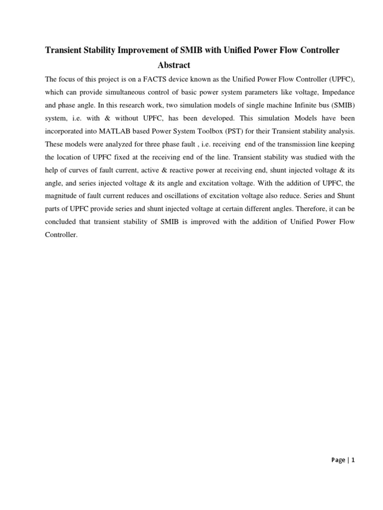 Transient Stability Improvement of SMIB With Unified Power Flow Controller | PDF | Ac Power ...