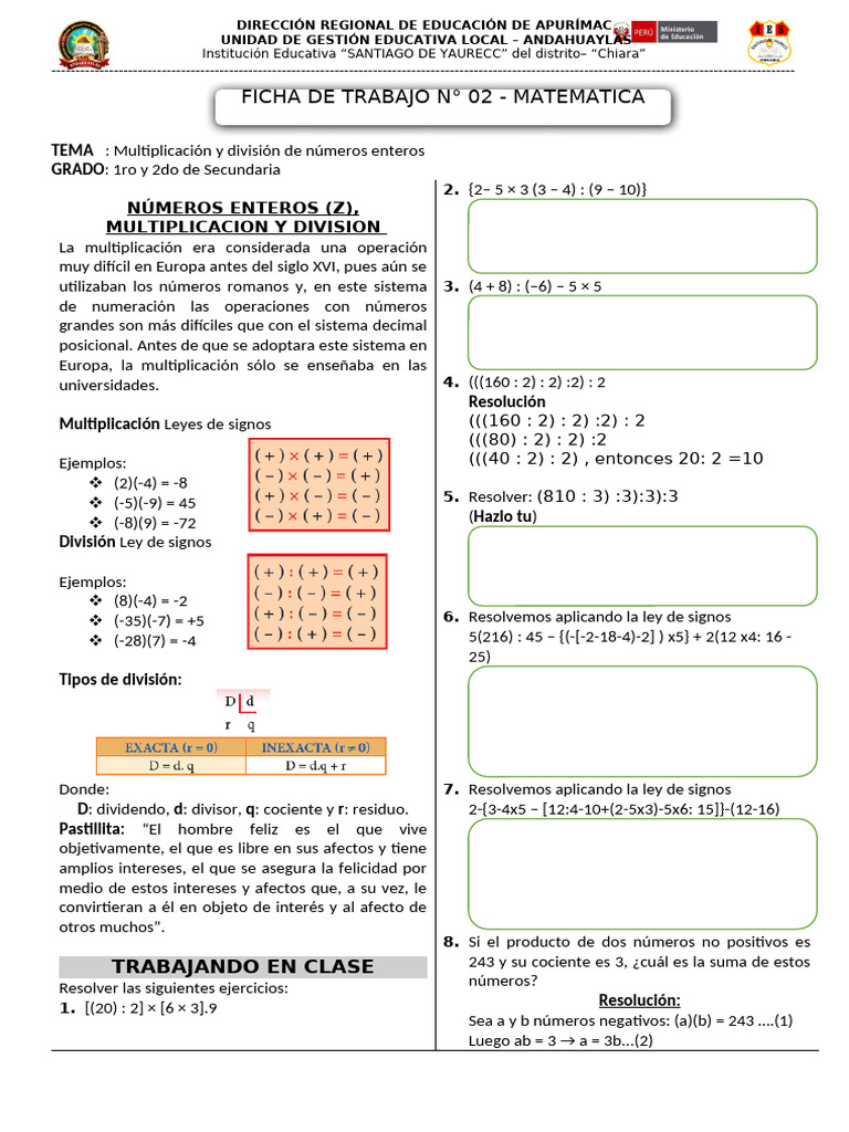 Ficha #02 - 1° y 2do Grado | PDF | División (Matemáticas) | Matemática ...