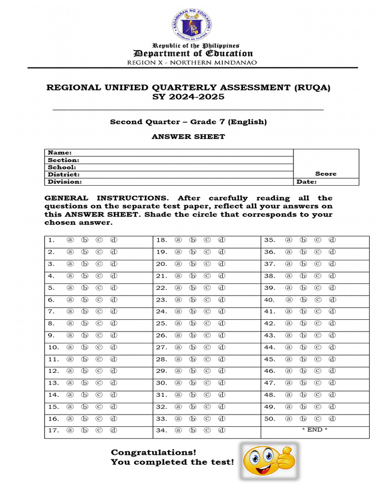 Grade 7 English Q2 Assessment - Answer Sheet | PDF