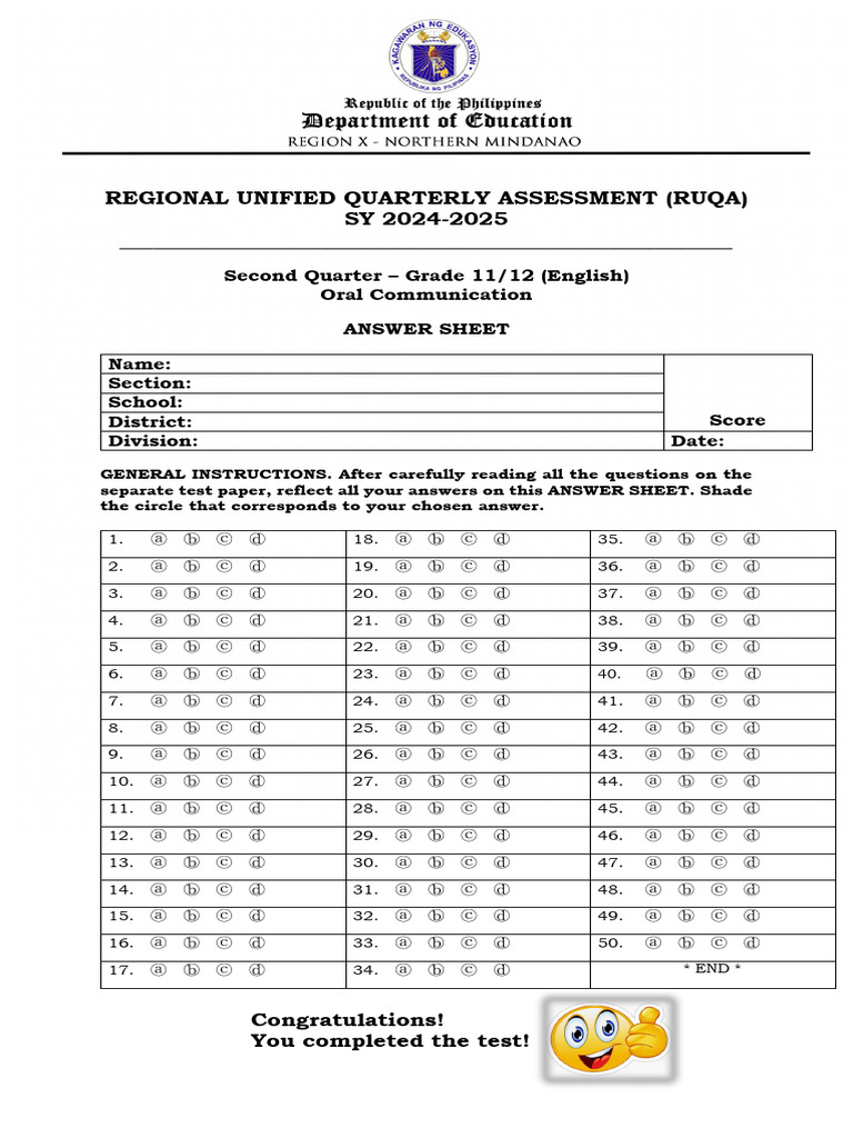 Grade 11-12 English Oral Comm Q2 Assessment - Answer Sheet | PDF
