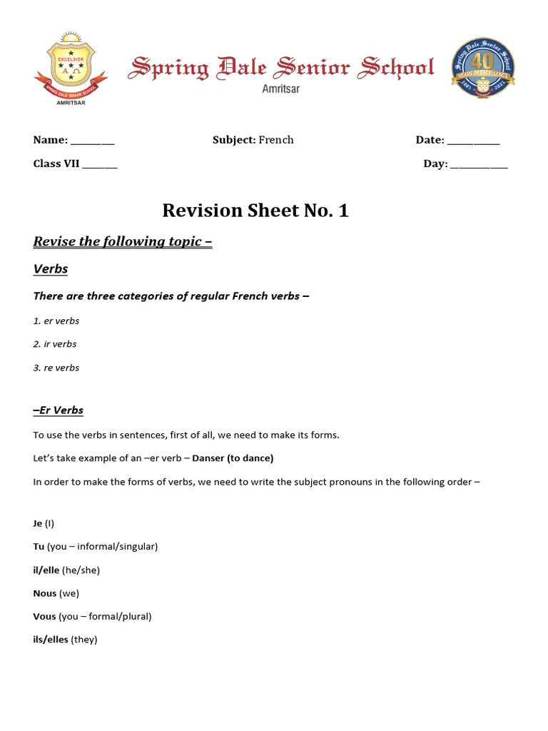 Revision Sheet 2 Class 7 French | PDF