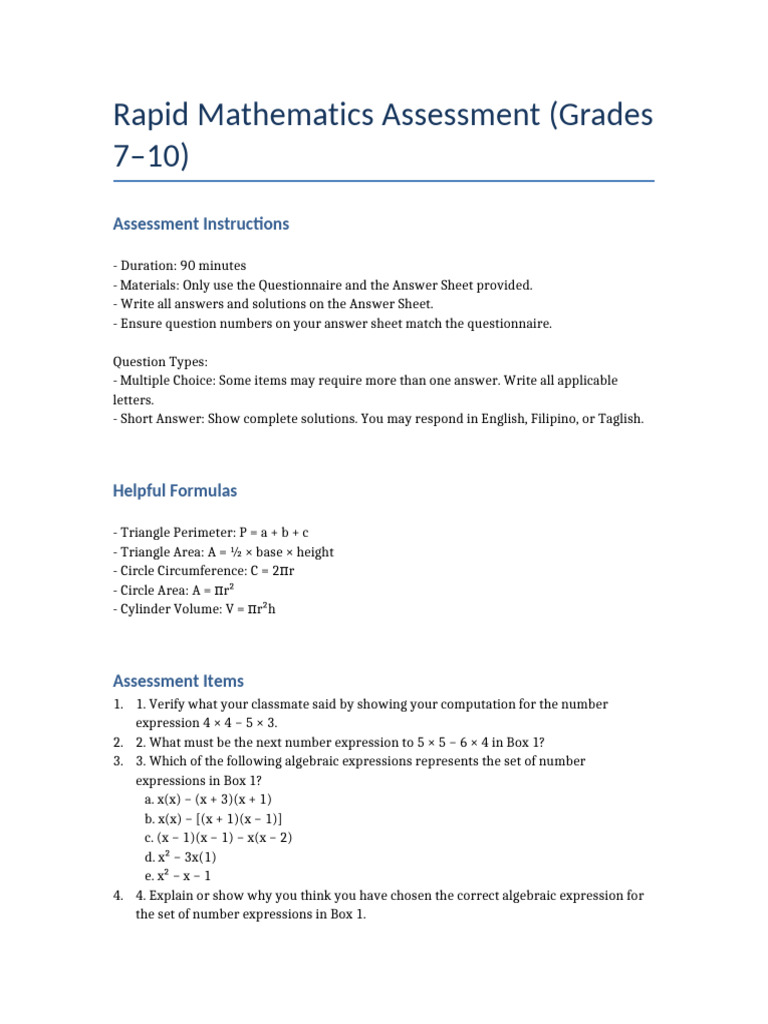 Complete Rapid Mathematics Assessment G7 To G10 e | PDF | Area ...