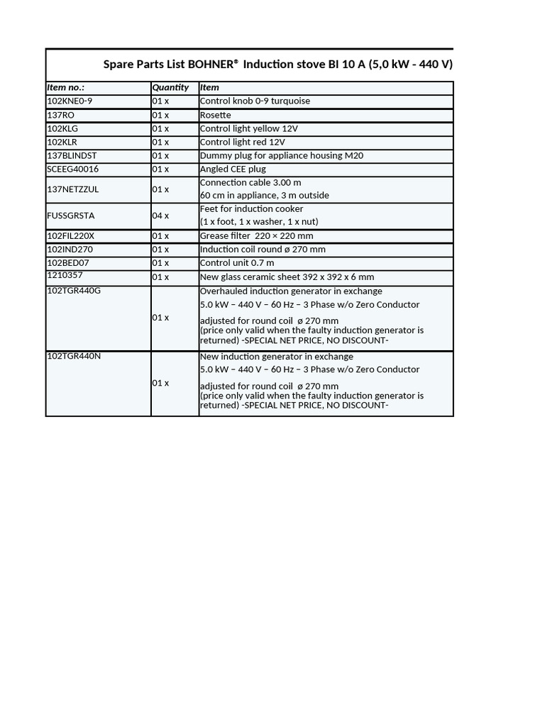 Spare Parts for BOHNER Induction Stove | PDF