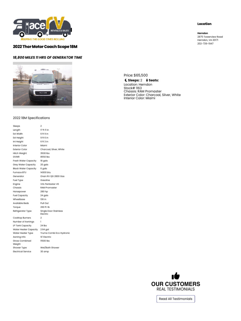 2022 Thor Scope 18M Motorhome Specs | PDF | Vehicle Technology ...