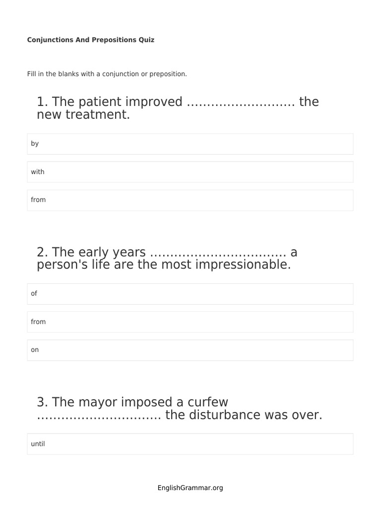 Conjunctions and Prepositions Quiz | PDF | Chess Theory | Chess
