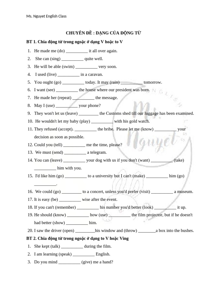 Chuyên Đề Ving to v Vnt Và Sự Hoà Hợp Giữa s Và V | PDF