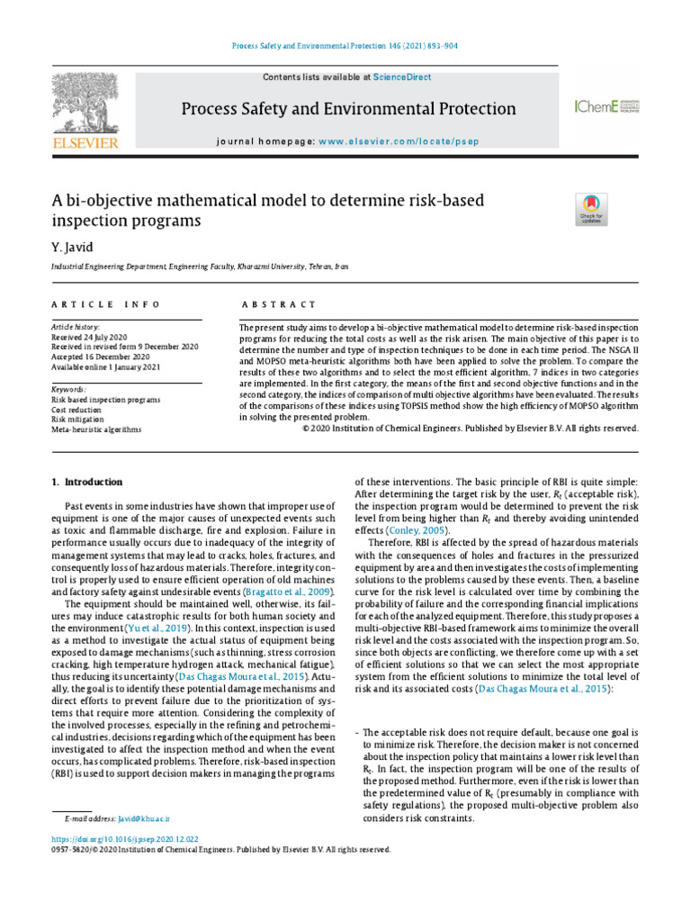 A Bi-Objective Mathematical Model To Determine Risk-Based Inspection Programs | PDF