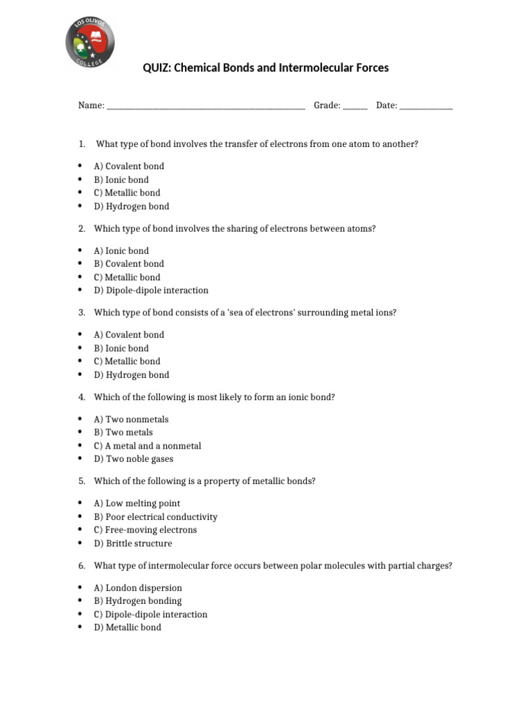 Intermolecular Forces Quiz | PDF