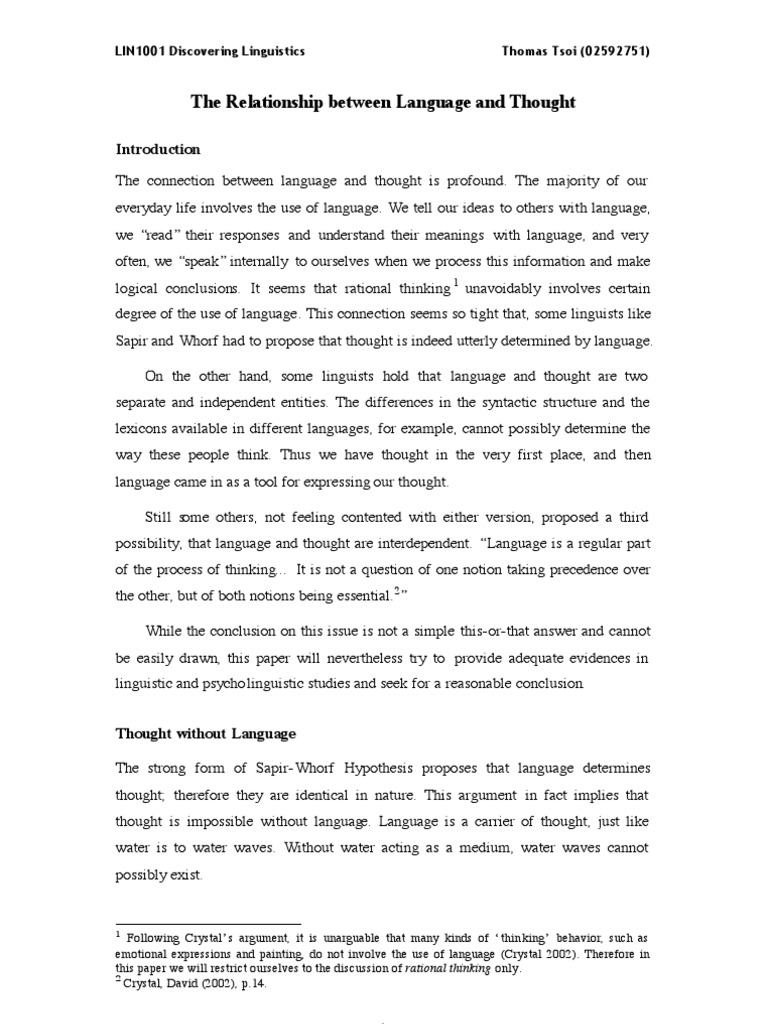 The Relationship Between Language and Thought | PDF | World View | Thought