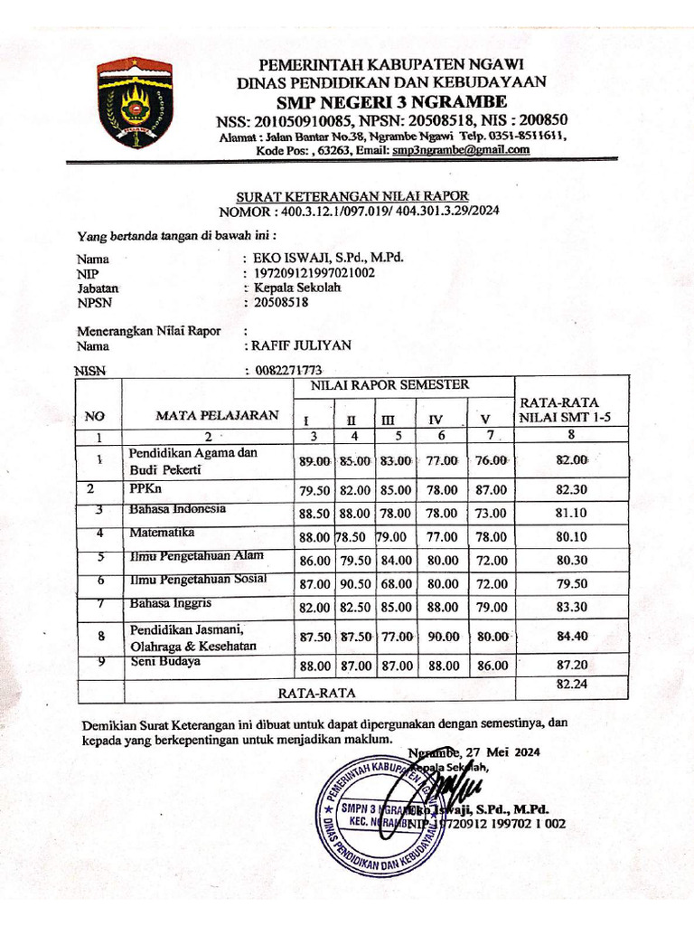 Surat Keterangan Nilai Rapor | PDF