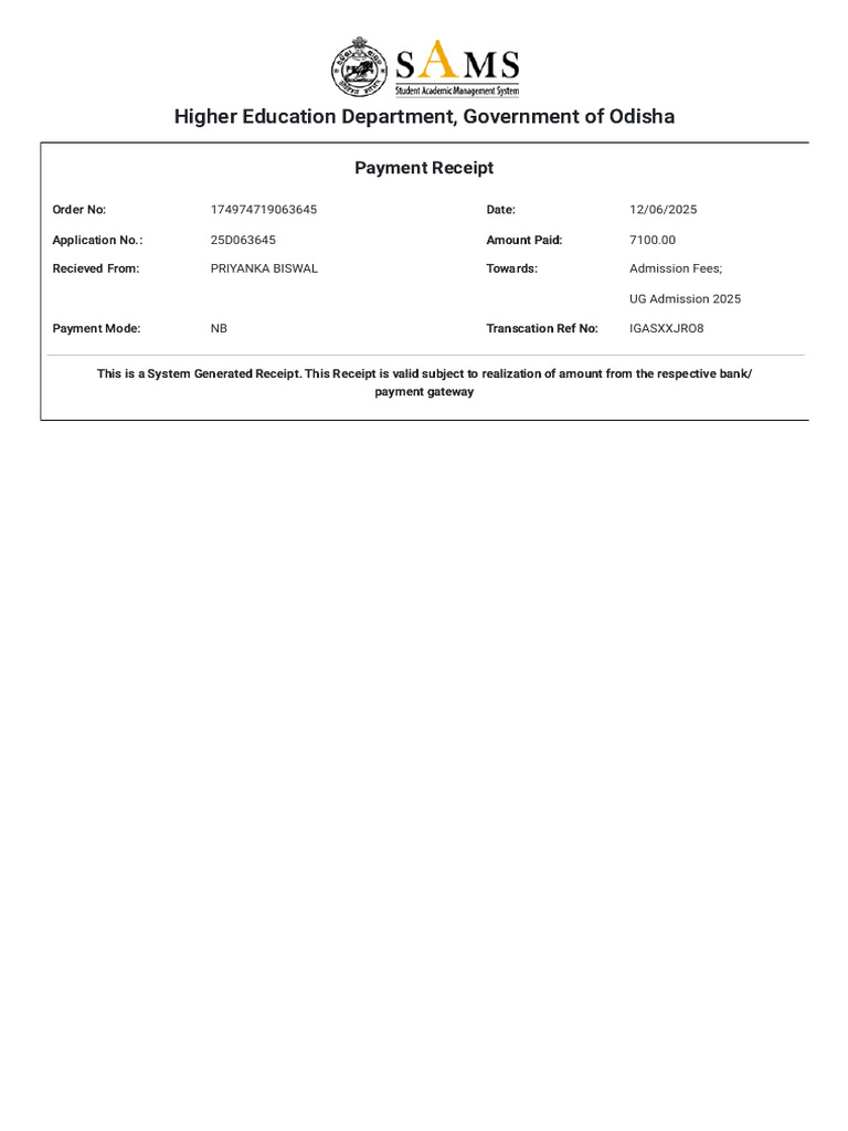SAMS Payment Receipt | PDF