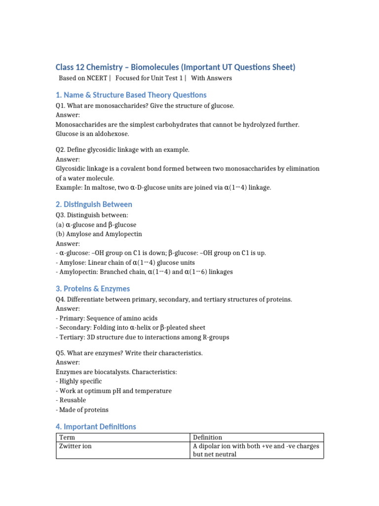 Biomolecules UT Questions | PDF | Carbohydrates | Glucose