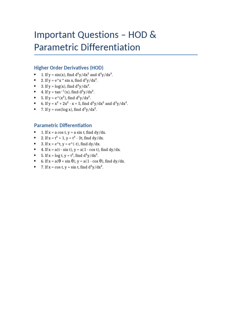 HOD & Parametric Differentiation Problems | PDF