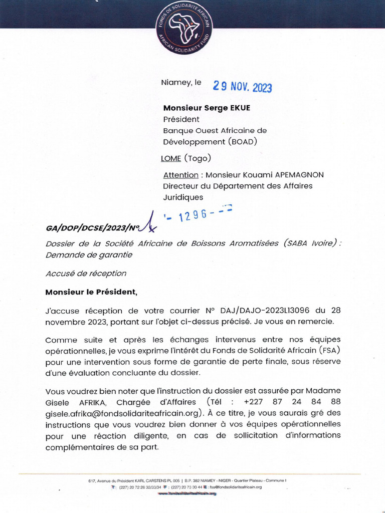 1296 - Boad - Accuse de Reception Saba Ivoire | PDF