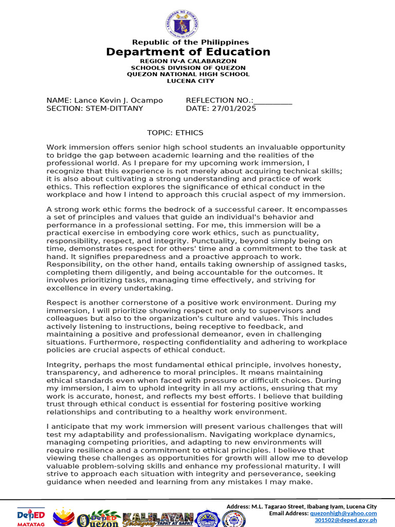 Work Ethics Reflection for Immersion | PDF | Integrity | Social Psychology