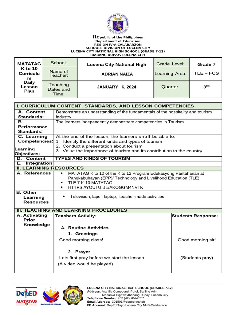 Kinds and Types of Tourism - Revised Lesson Plan | PDF | Tourism