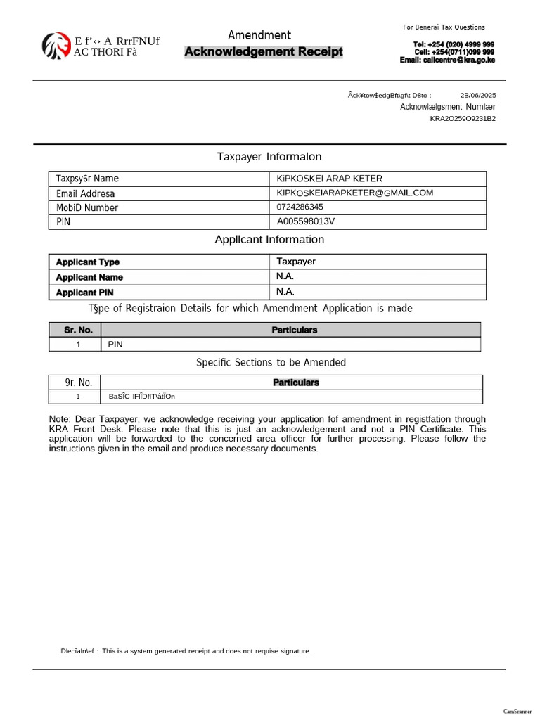 KRA 2025 Tax Amendment Acknowledgment | PDF