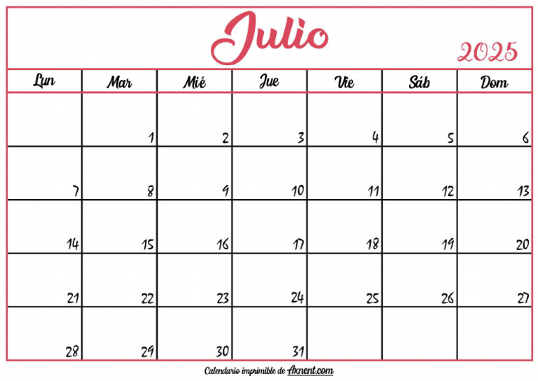 Calendario en Blanco Julio 2025 | PDF