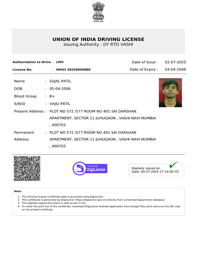 Union of India Driving License: Issuing Authority: DY RTO VASHI | PDF