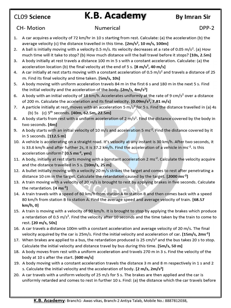CH Motion Dpp2 Numericals | PDF | Speed | Acceleration