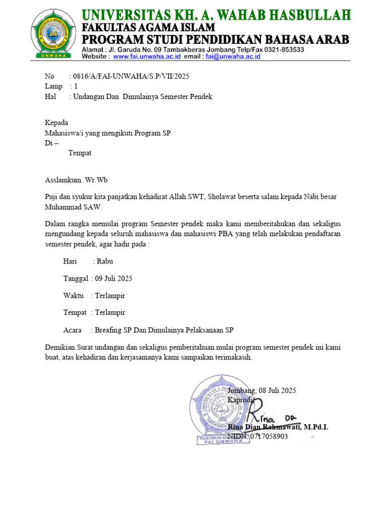 Undangan Semester Pendek PBA 2025 | PDF