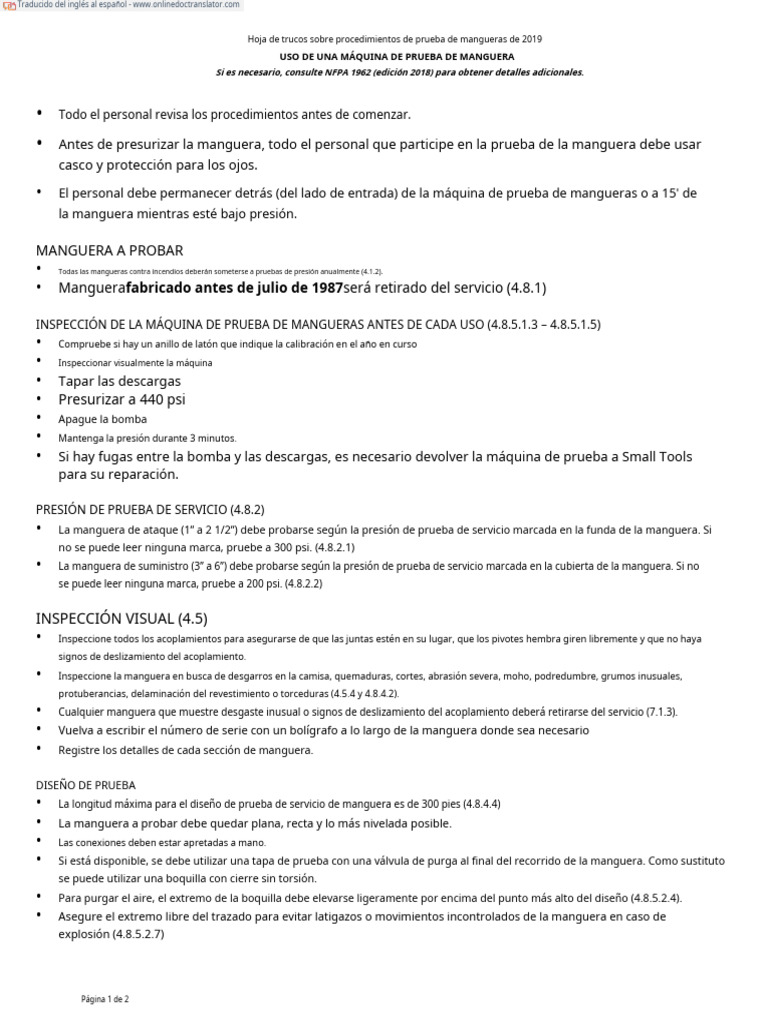 2019 Hose Test Procedure Cheat Sheet (1) .En - Es | PDF
