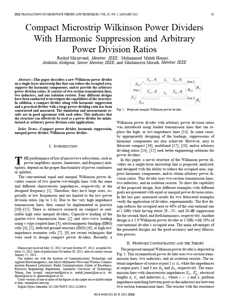Compact Microstrip Wilkinson Power Dividers With Harmonic Suppression ...