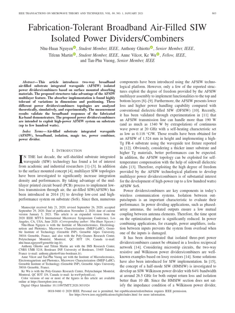 Fabrication-Tolerant Broadband Air-Filled SIW Isolated Power Dividers Combiners | PDF ...