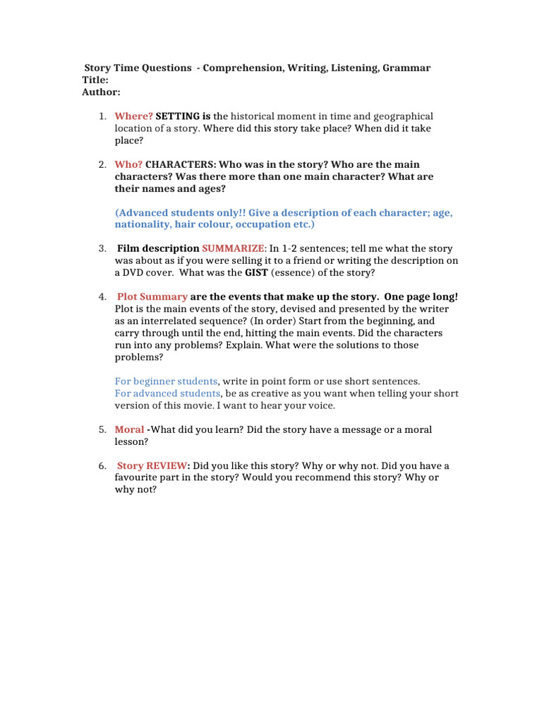 Story Time Questions | PDF