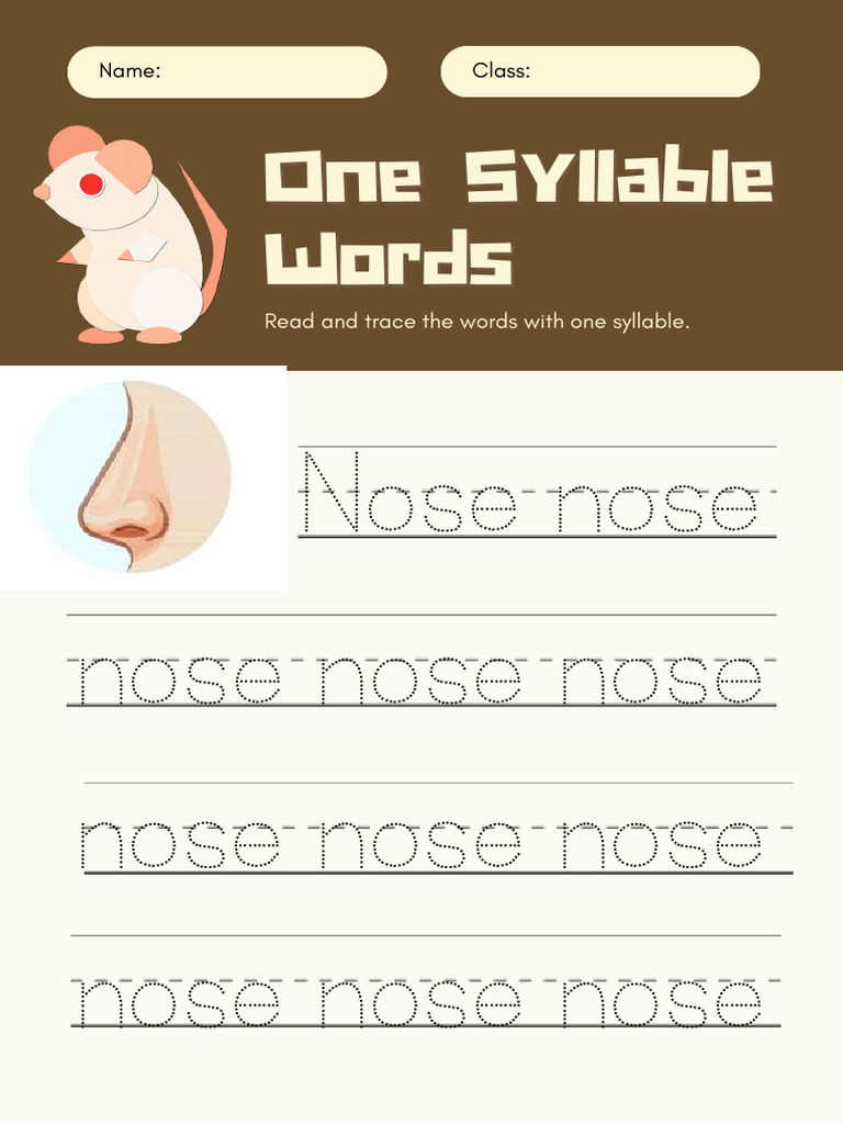 One Syllable Words Tracing Worksheet in Brown Cutout Style | PDF