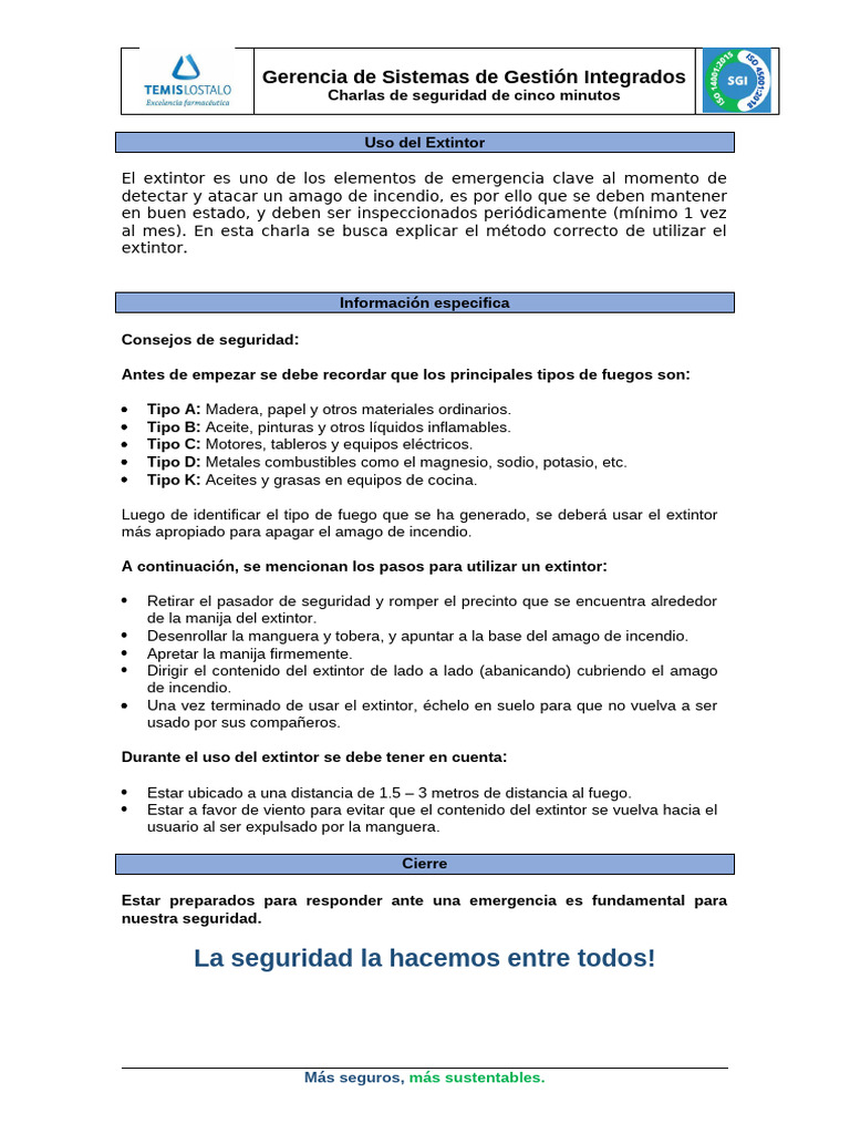Charla de Seguridad de Cinco Minutos - Uso Del Extintor - 2024 | PDF