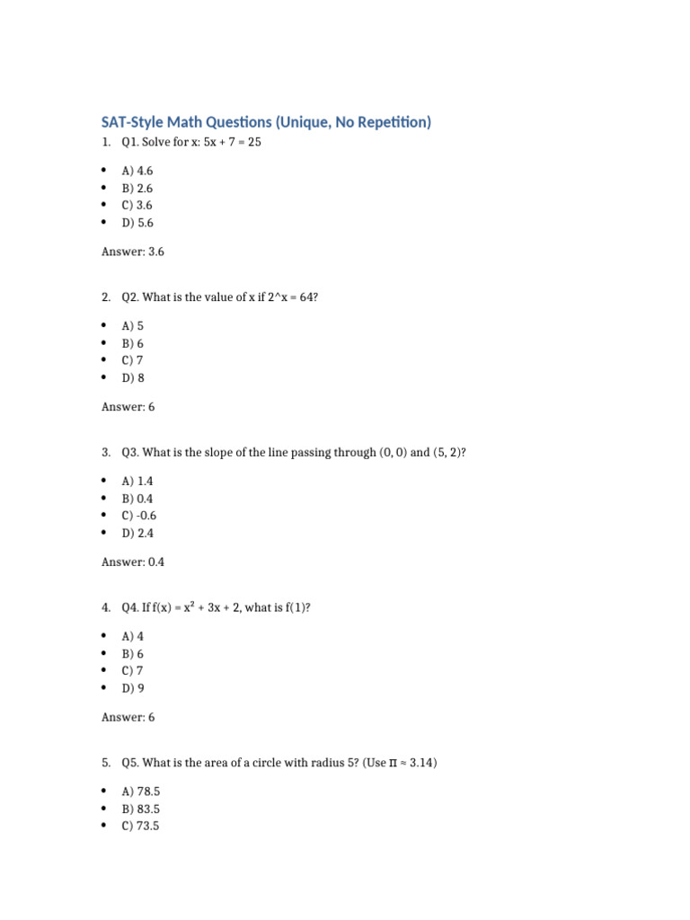 SAT Math 100 Unique Questions | PDF | Area | Pi