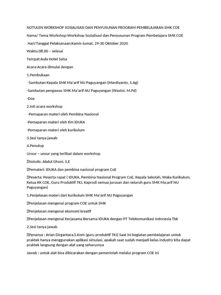 Notulen Workshop Sosialisasi Dan Penyusunan Program Pembelajaran SMK Coe | PDF