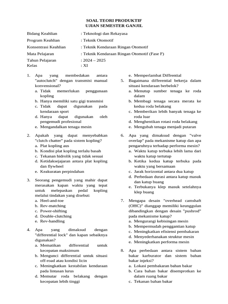 Soal Teori Produktif Teknik Otomotif XI | PDF
