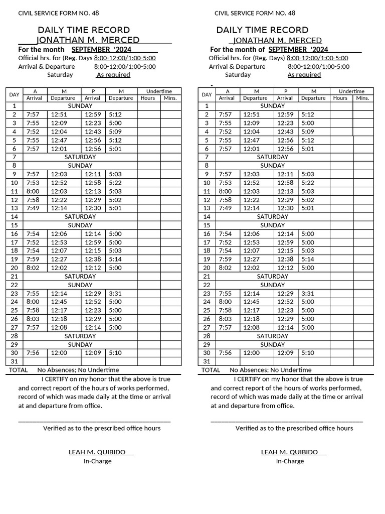 Daily Time Record for September 2024 | PDF