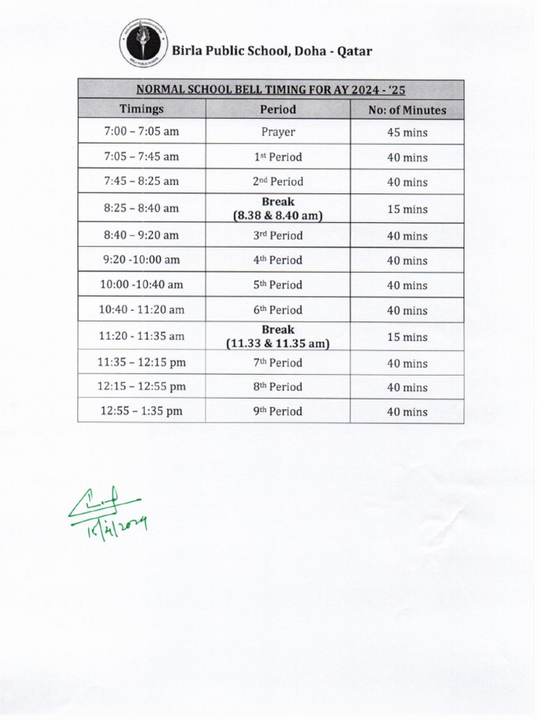 Main School Normal Bell Timing - 2024 - 25 | PDF