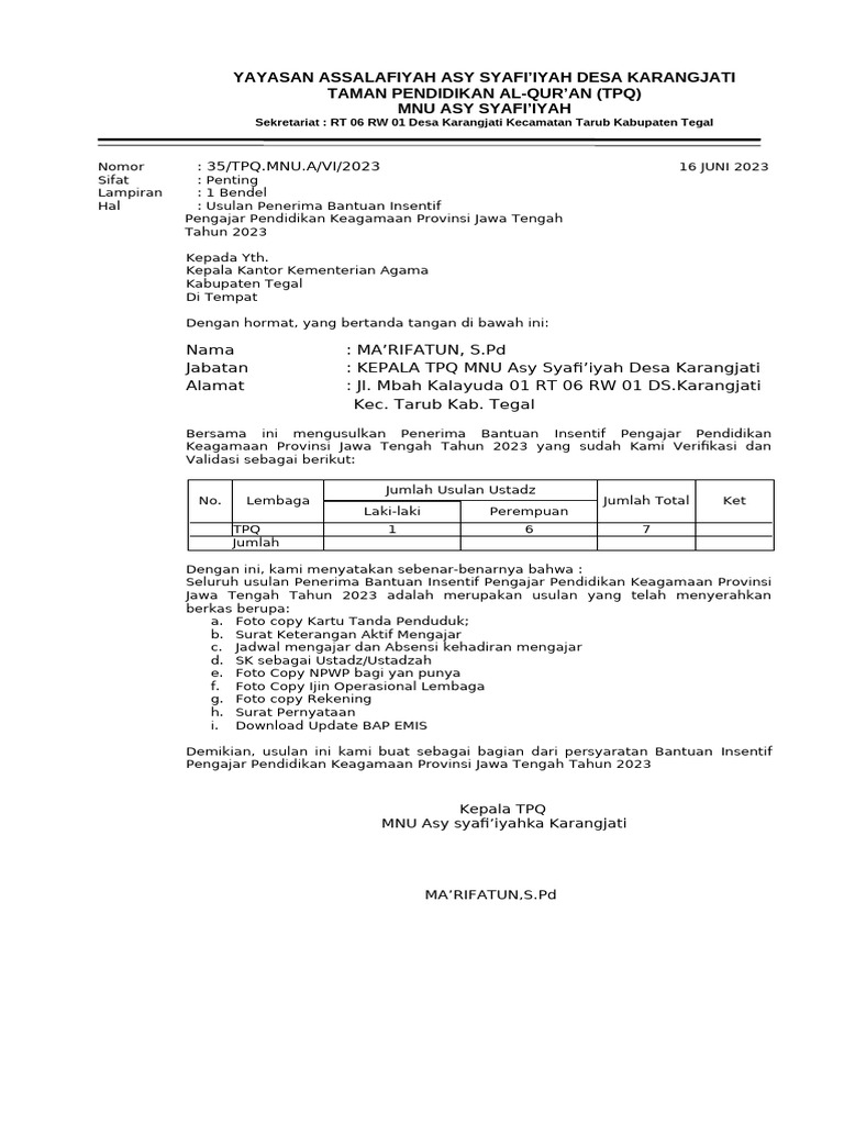 Usulan Pernyataan Dan SPTJM | PDF