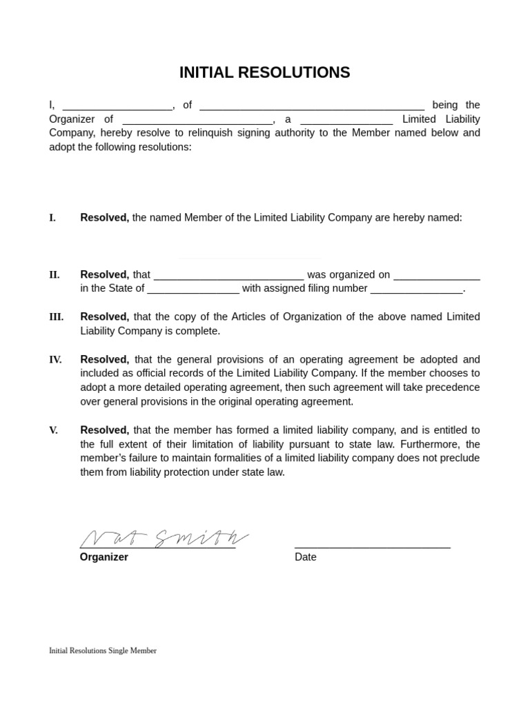 Initial Resolutions - LLC Single Member - Exito LLC | PDF