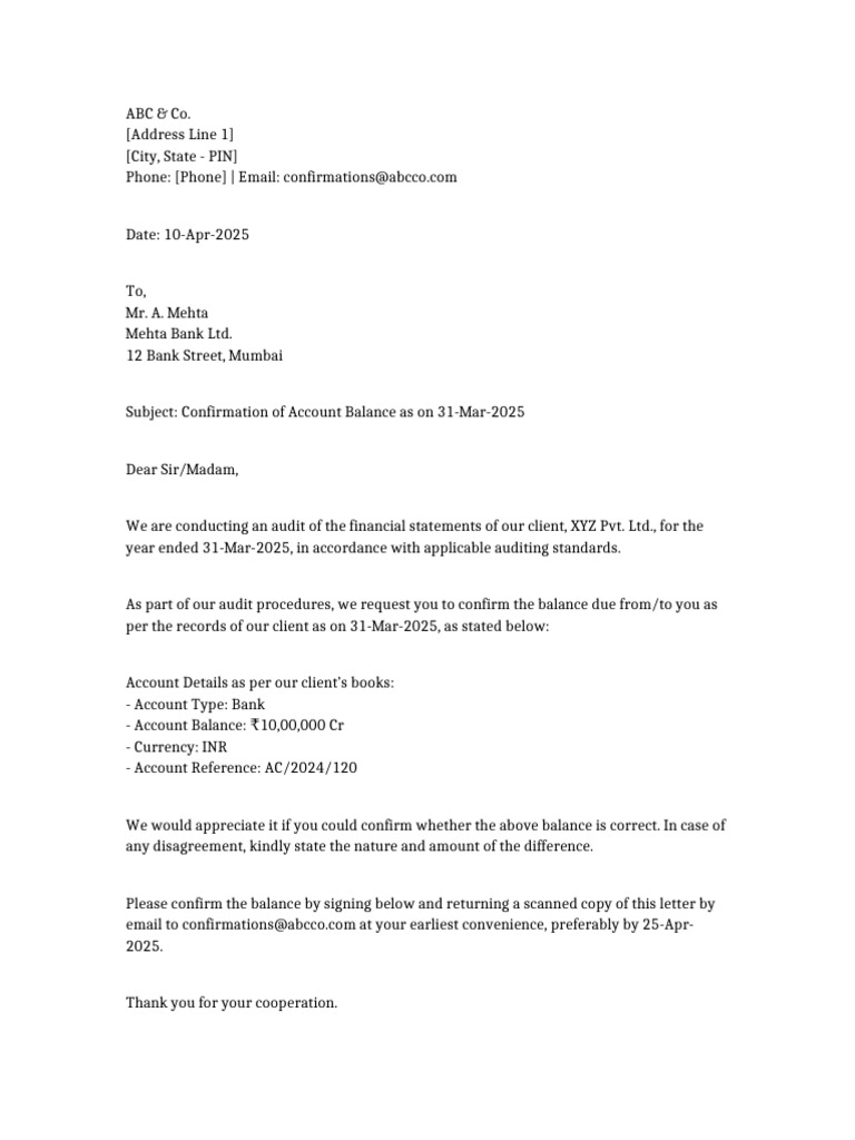 Audit Confirmation Letter Template | PDF