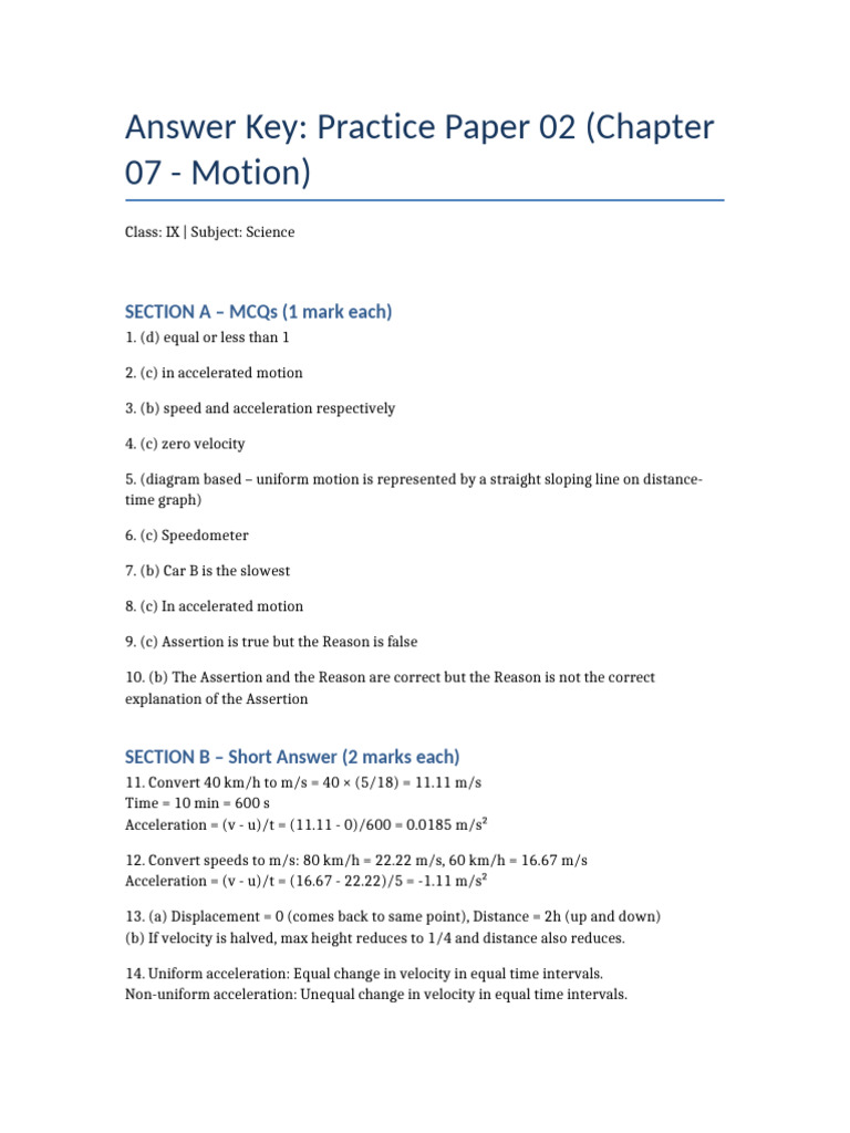 Answer Key Class 9 Science Chapter 7 Motion | PDF | Acceleration | Velocity