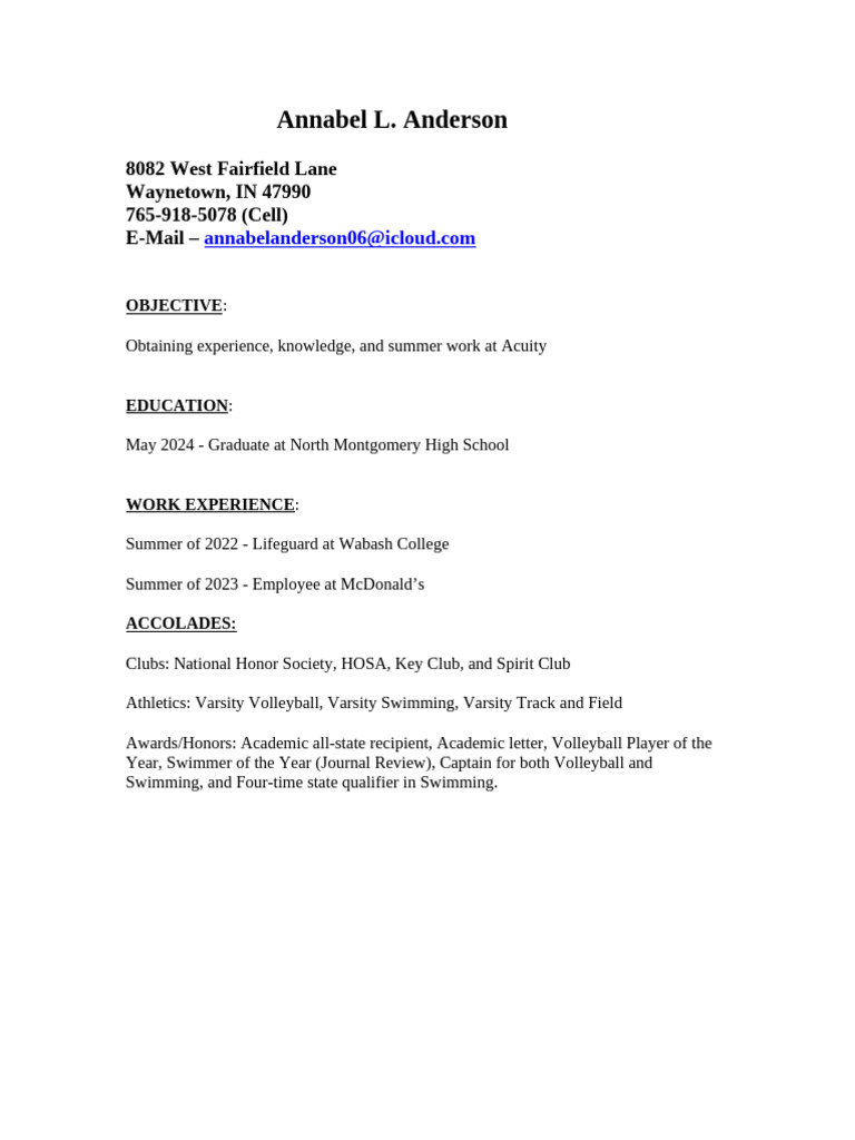 Annabel Anderson's Resume Summary | PDF